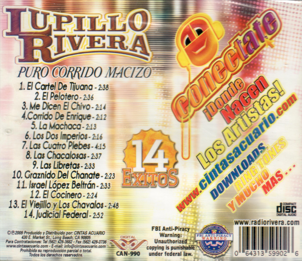 Lupillo Rivera (CD 14 Exitos Puro Corrido Macizo, Norteno) CAN-990 CH – Musica Tierra Caliente