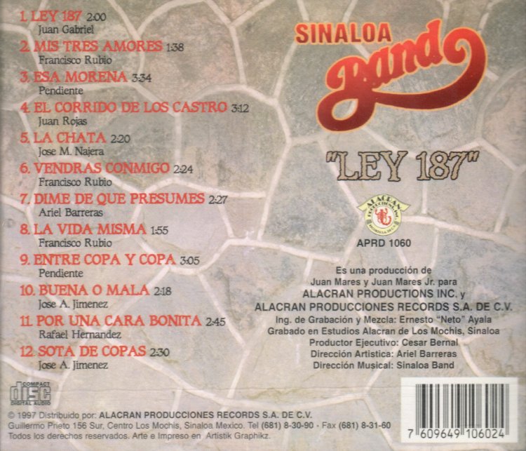 Sinaloa Band (CD Ley 187) APRD-1060 – Musica Tierra Caliente