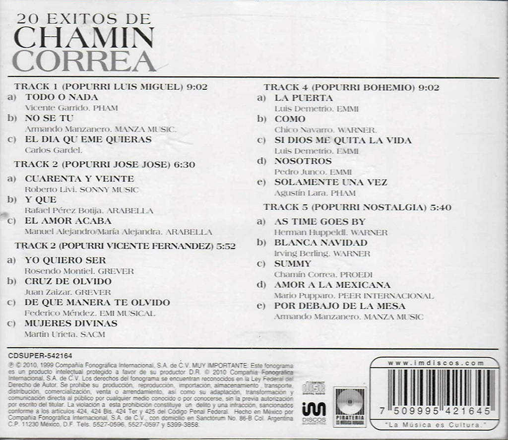 Chamin Correa (CD 20 Exitos) SUPER-542164 "USADO – Musica Tierra Caliente