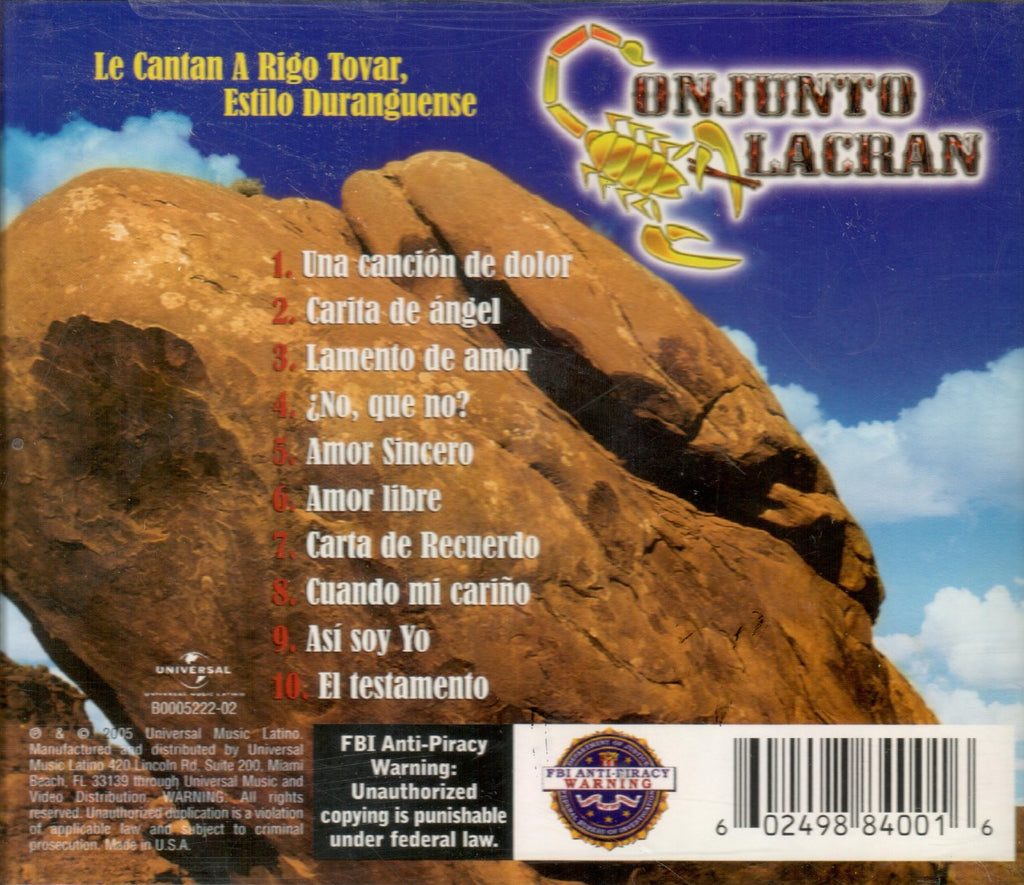 Alacran (CD Le Cantan a Rigo Tovar Estilo Duranguense) UMGUS-40016 OB ...